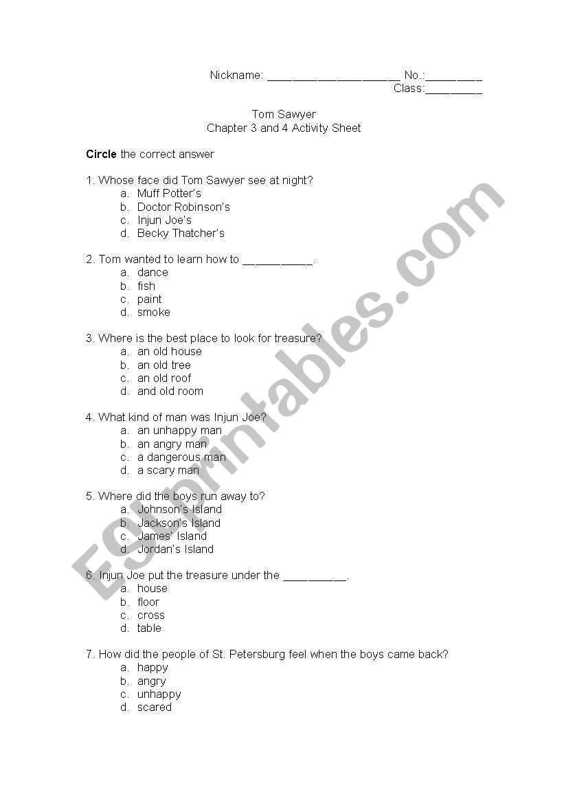 English worksheets: The Adventures of Tom Sawyer Cha[ter 3 and 4 ...
